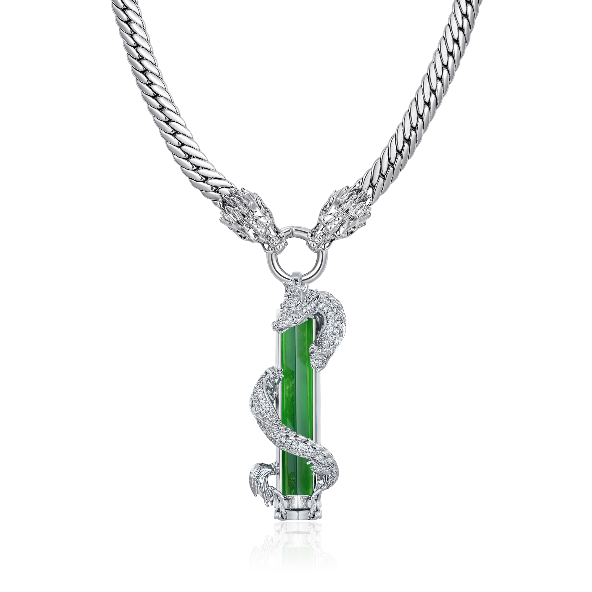 WONG Double Dragon Miami Cuban Chain + Jade Column Pendant Silver Set ...